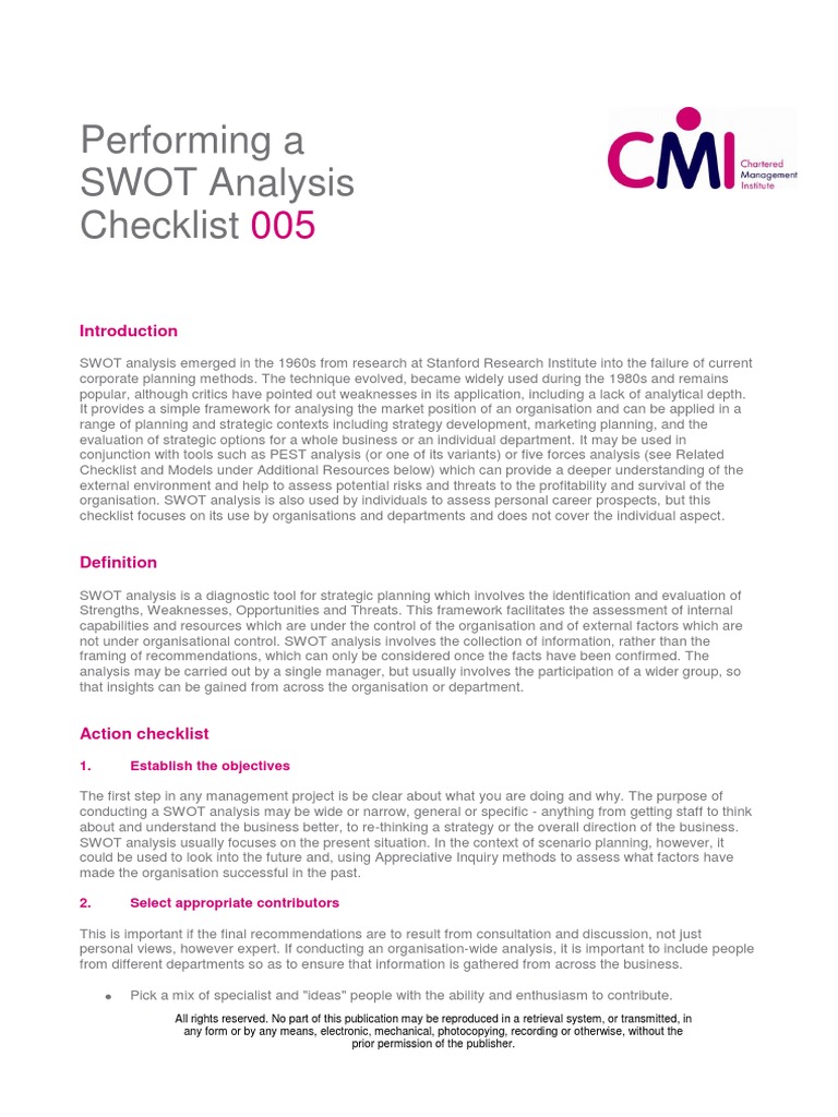 Performing A SWOT Analysis Checklist: 1. Establish The Objectives | PDF ...