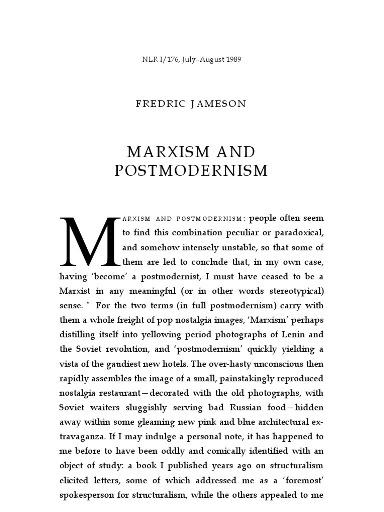 Fredric Jameson, Marxism and Postmodernism, NLR I - 176, July-August ...