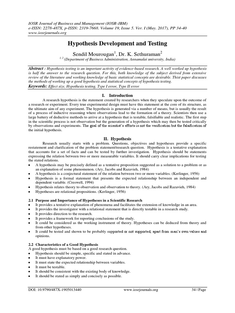Hypothesis Development and Testing: Sendil Mourougan, Dr. K. Sethuraman ...