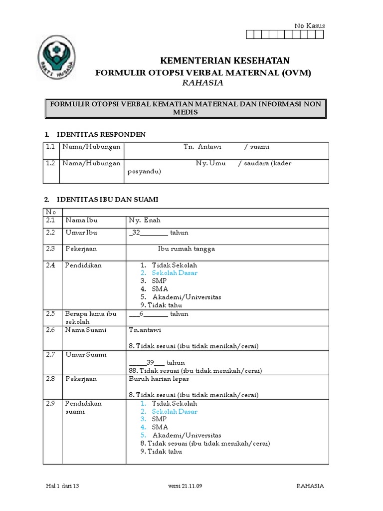 Kementerian Kesehatan: Formulir Otopsi Verbal Maternal (Ovm) | PDF