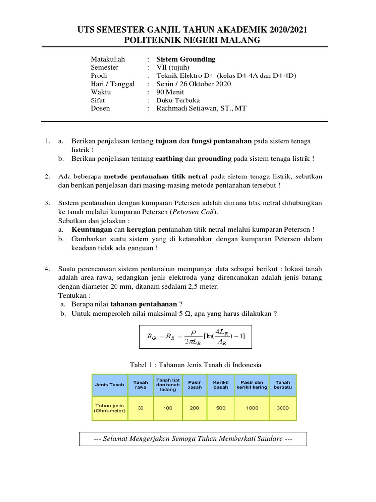 Soal UTS-Sistem Grounding - Polinema Okt2020 | PDF | Metode & Bahan Ajar | Sains & Matematika