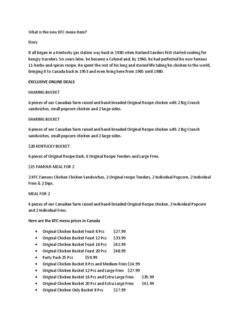 Canadian KFC Menu Highlights | PDF | Food And Drink Preparation ...