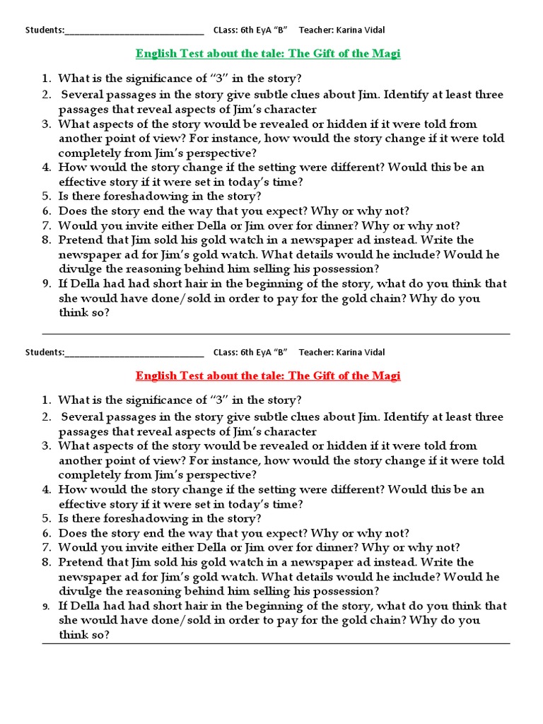 Gift of the Magi English Test | PDF | Narration
