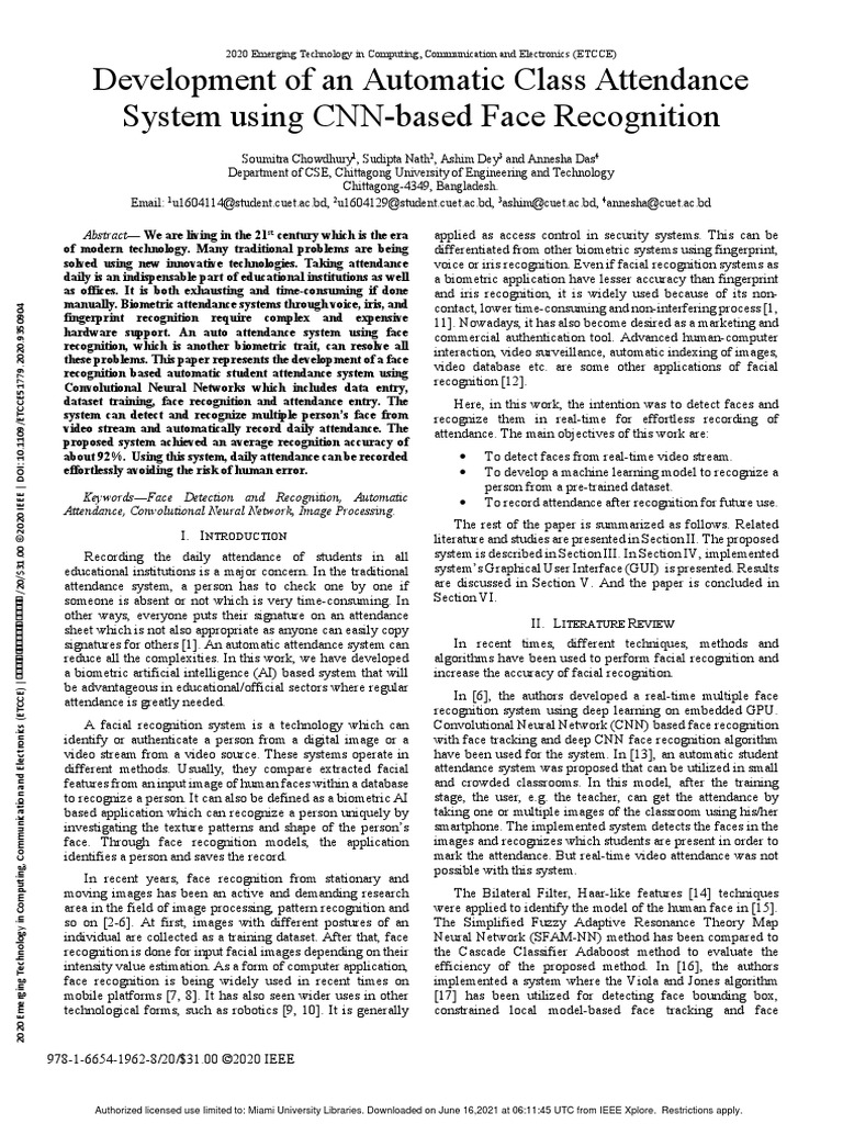 Development Of An Automatic Class Attendance System Using Cnn Based Face Recognition Pdf