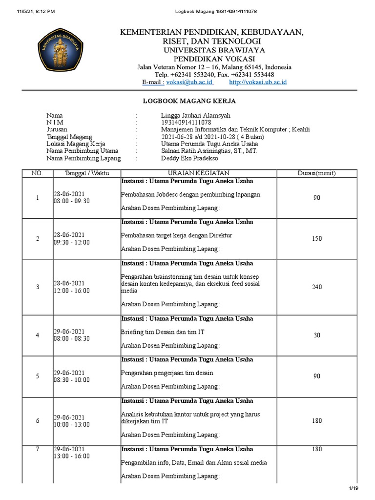 Logbook Magang 193140914111078 | PDF | Teknologi & Rekayasa