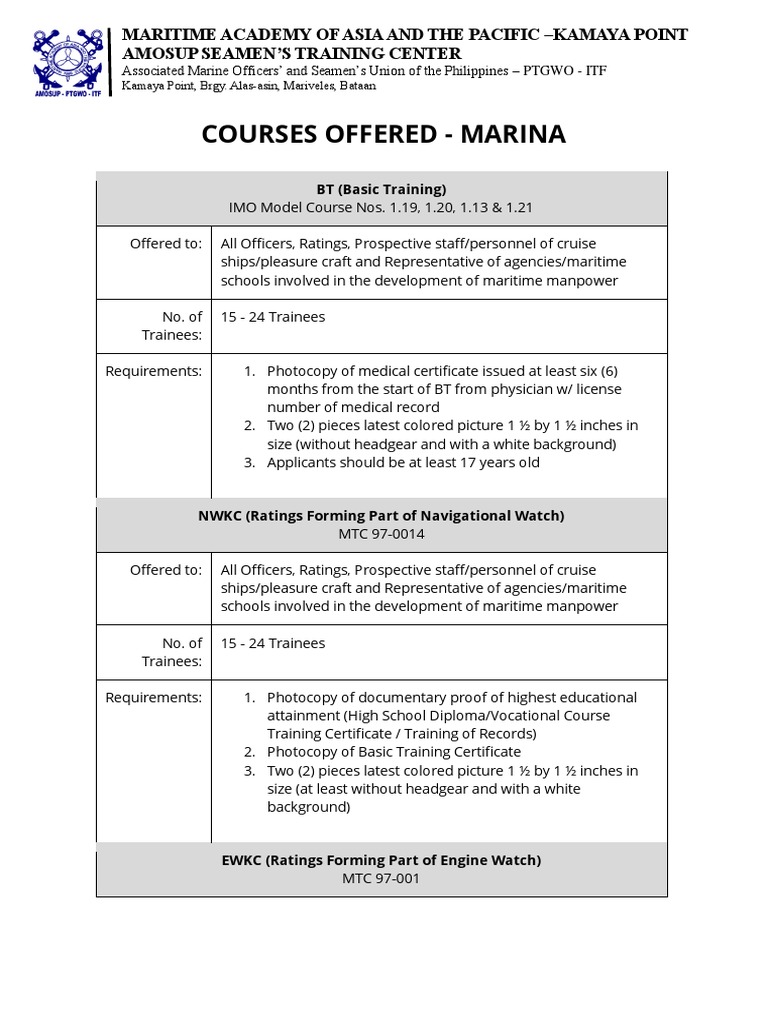 Courses Offered - Marina: Maritime Academy of Asia and The Pacific ...