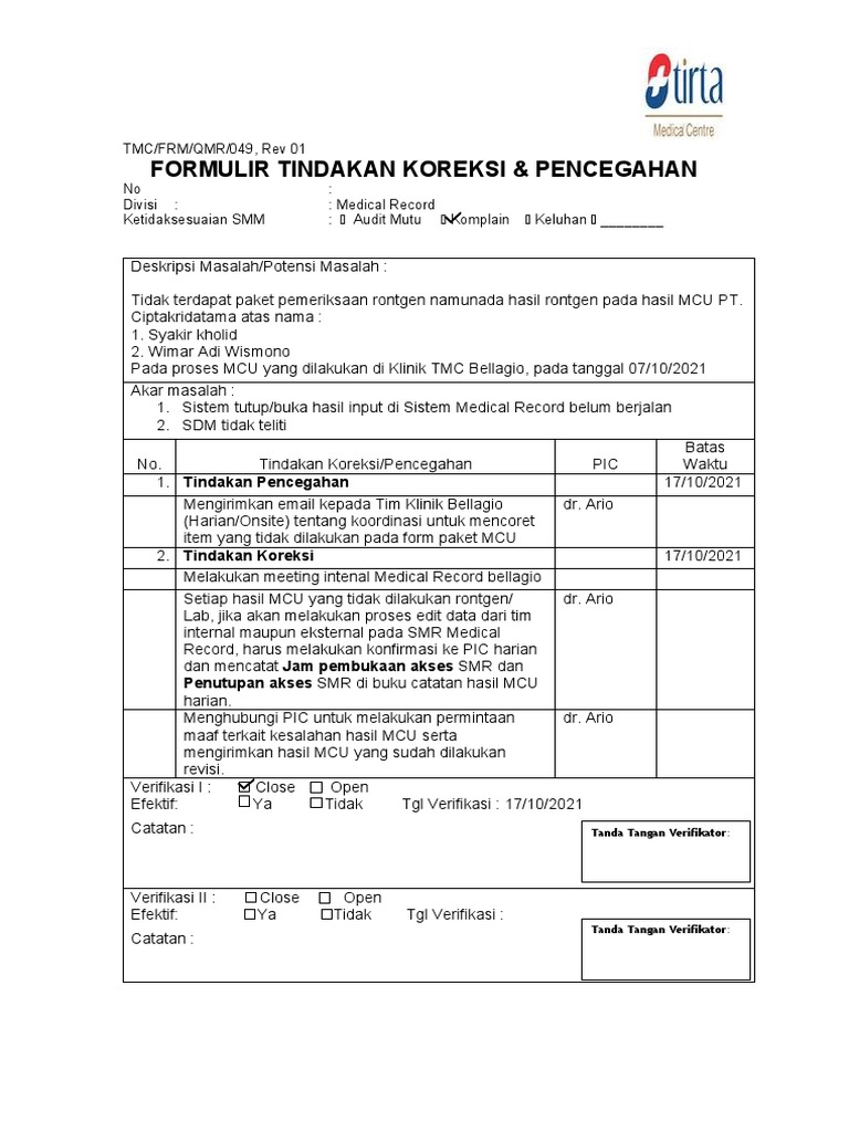 049 Form Tindakan Koreksi Dan Pencegahan Rev 01 | PDF
