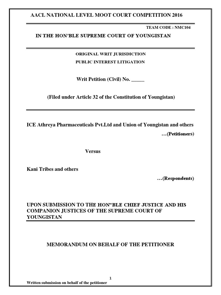 Original Writ Jurisdiction Public Interest Litigation: Team Code ...