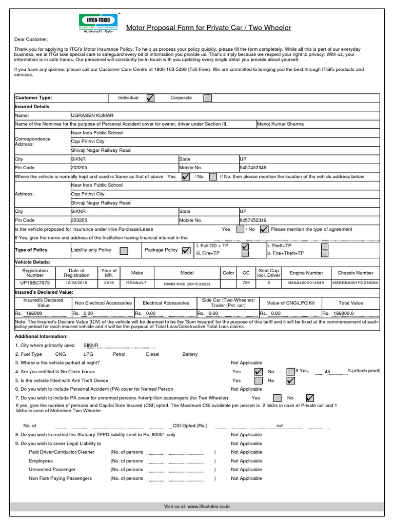 Motor Proposal Form For Private Car / Two Wheeler: Customer Type ...