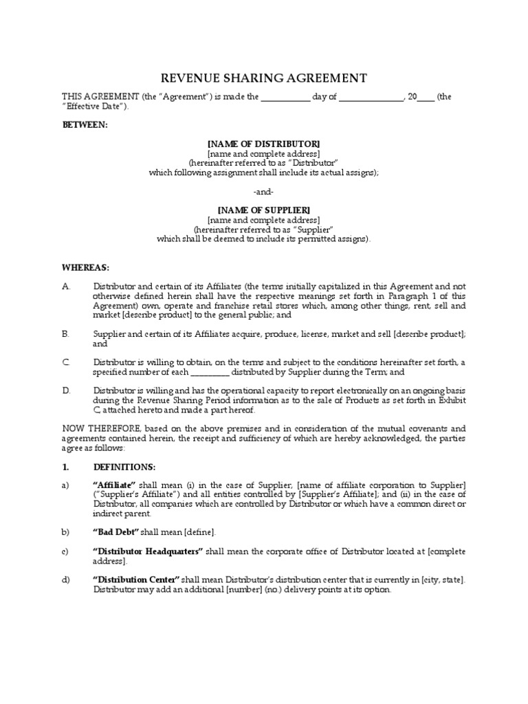 Revenue Sharing Agreement Template | PDF | Subsidiary | Franchising