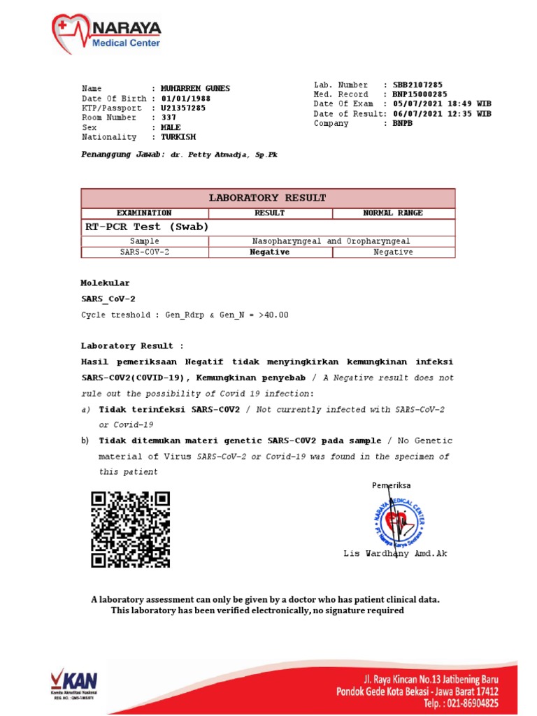 Laboratory Result RT-PCR Test (Swab) : Dr. Petty Atmadja, SP - PK | PDF ...