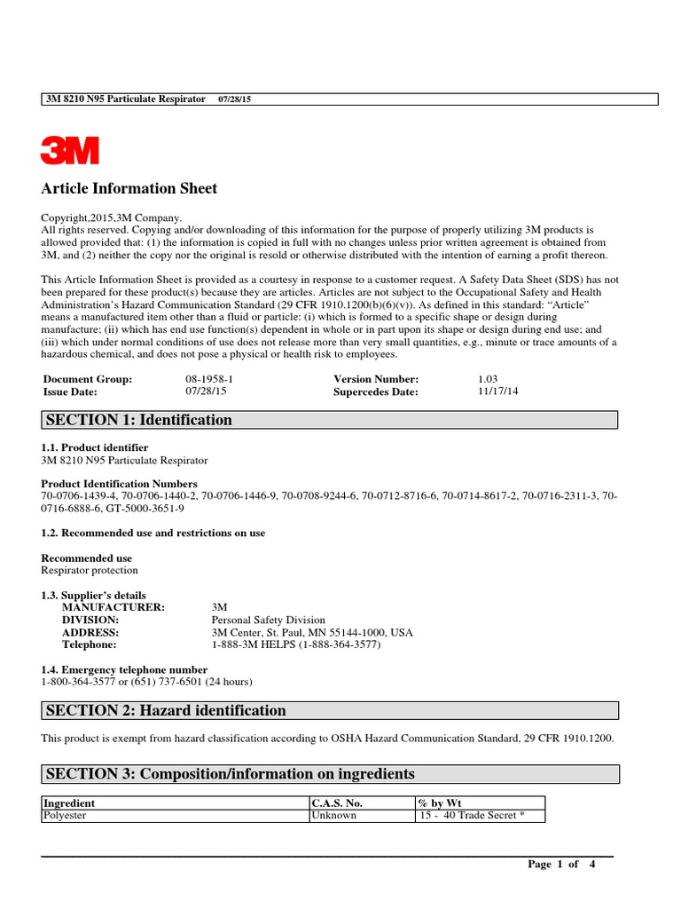 3M 8210 MSDS-2015 | PDF | Hazards | Safety