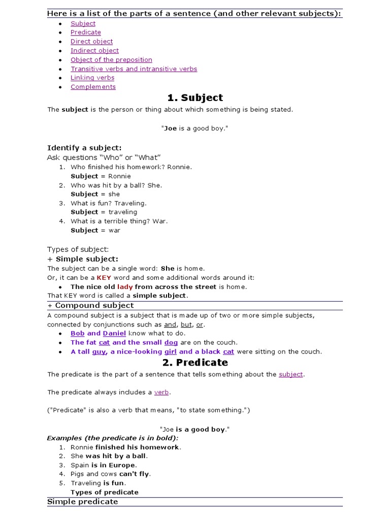 Parts of A Sentence | PDF | Subject (Grammar) | Verb