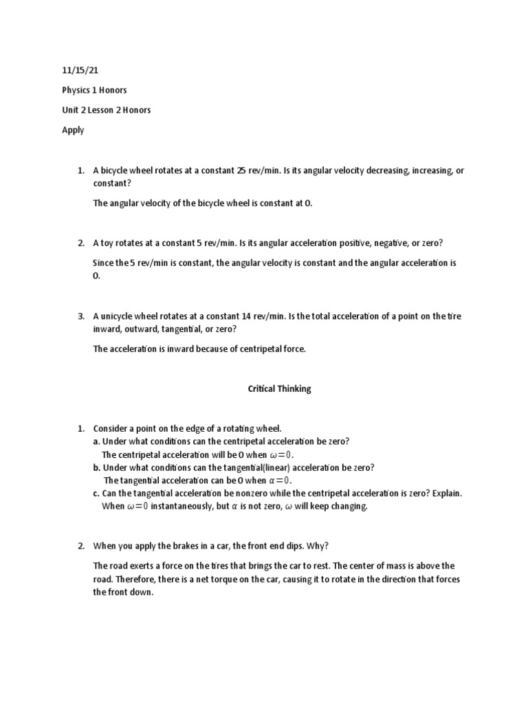 Unit 2 Lesson 2 Honors Apply | PDF | Acceleration | Torque