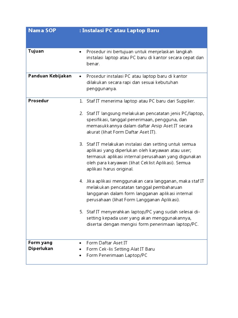 01 SOP Instalasi PC Atau Laptop Baru | PDF