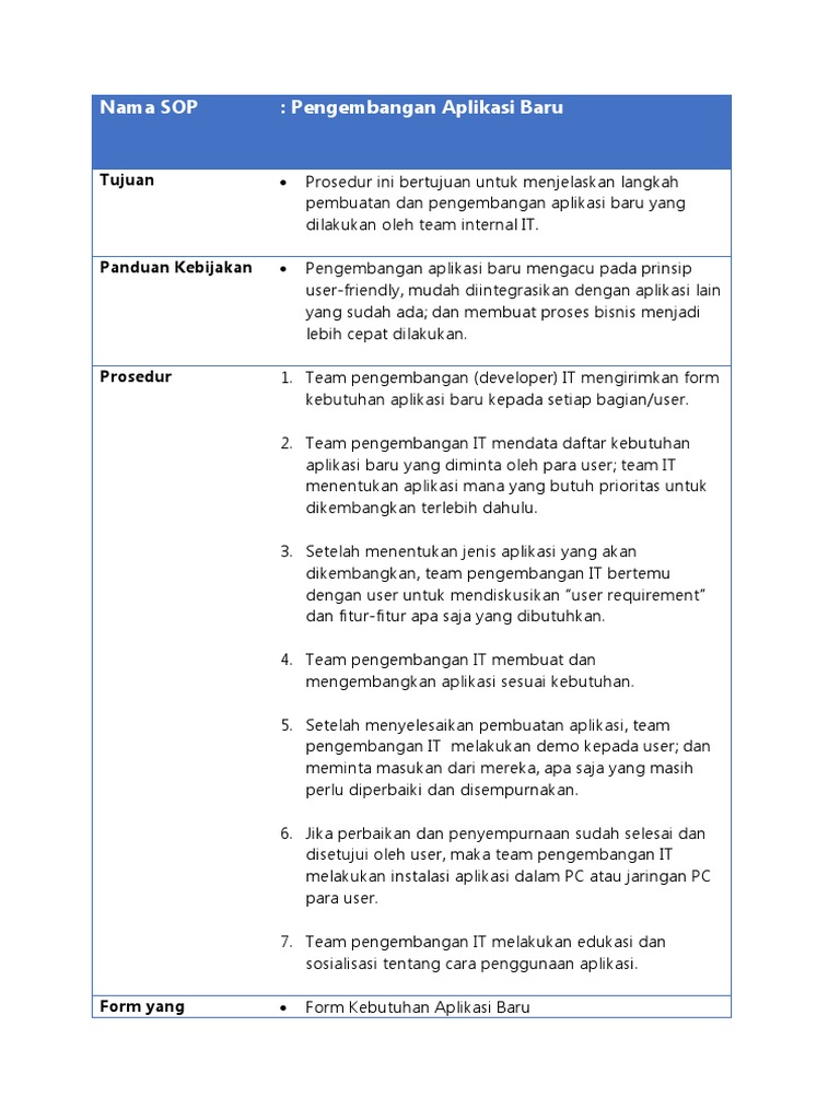 SOP Pengembangan Aplikasi Baru IT | PDF