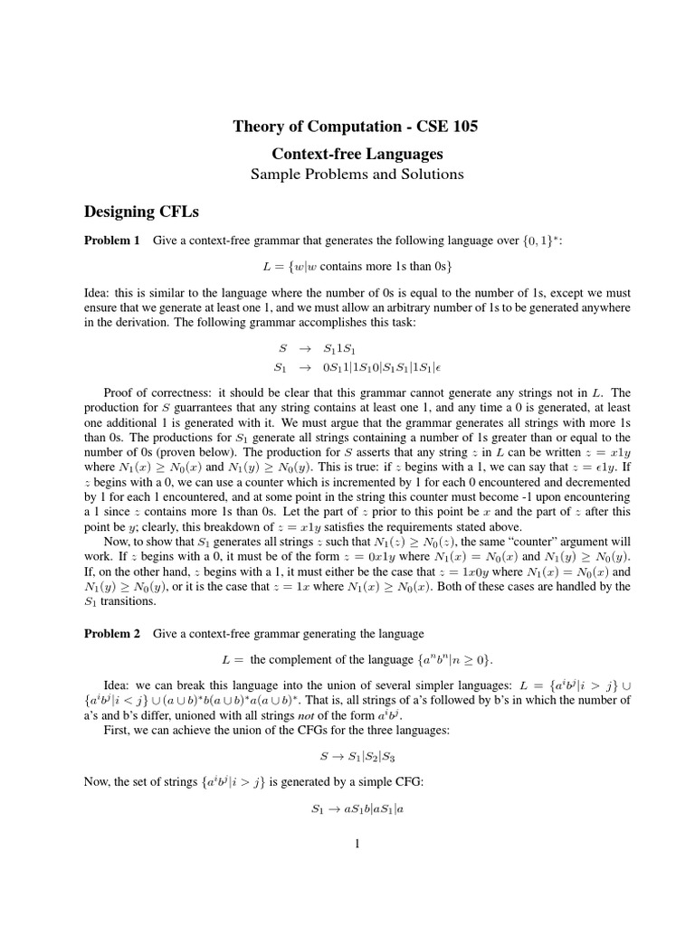 Theory of Computation - CSE 105 Context-Free Languages: Sample Problems and Solutions | PDF ...