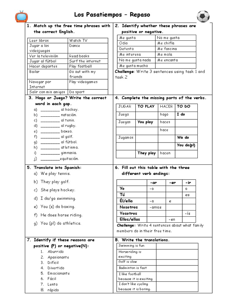 Los Pasatiempos Repaso Sheet | PDF | Ocio | Deportes olímpicos
