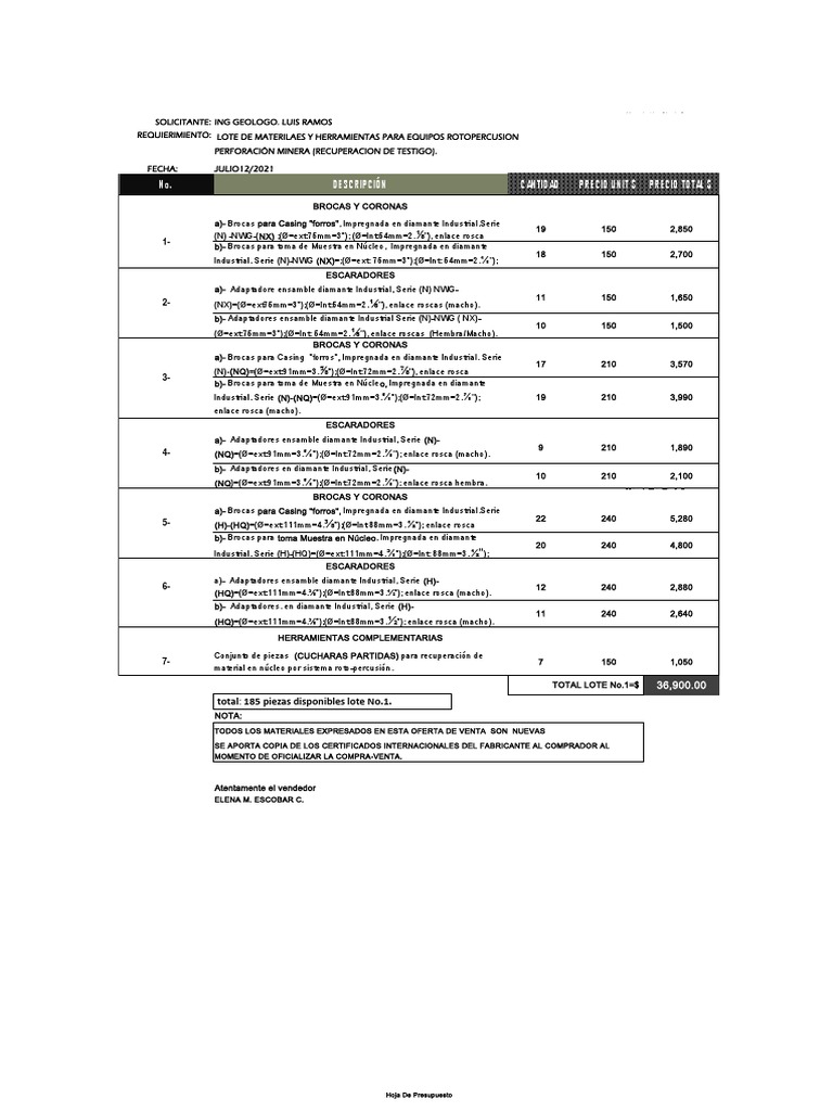 Presupuesto de Lote de Materiales | PDF | Materiales de construcción ...