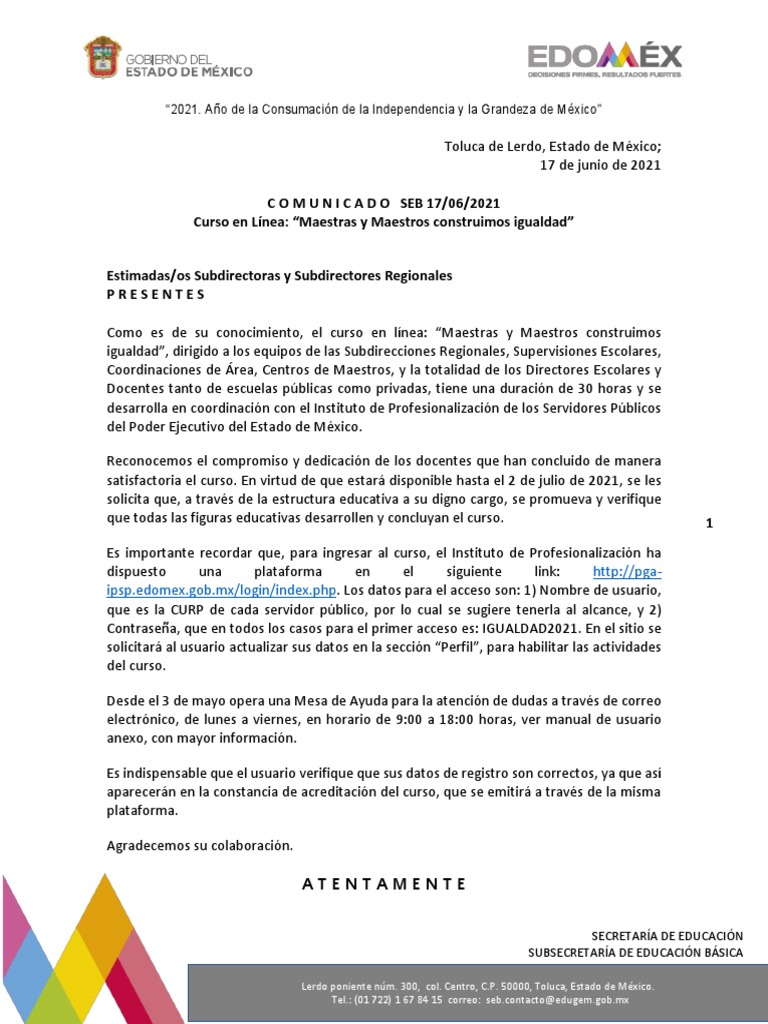 Acomunicado SEB Curso Maestras y Maestros Construimos Igualdad ...