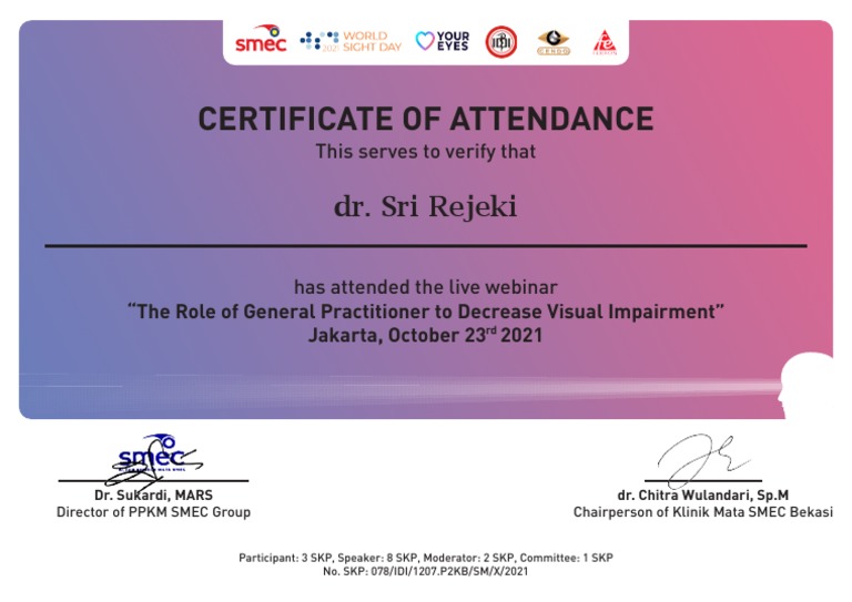 Certificate of Attendance: Dr. Sri Rejeki | PDF | Wellness | Science ...