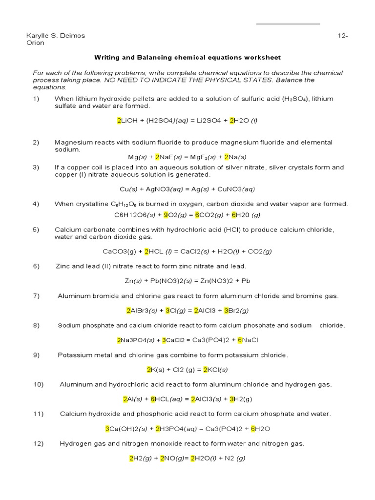 Writing and Balancing Chemical Equations Worksheet | PDF