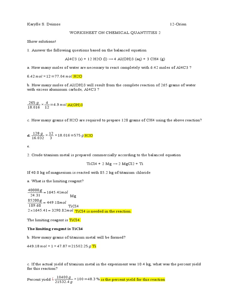 Chemical Quantities Worksheet Solutions | PDF