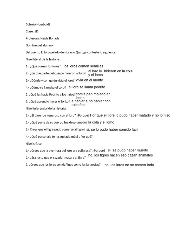 Comprensión Lectora - El Loro Pelado - HQ - 5 | PDF