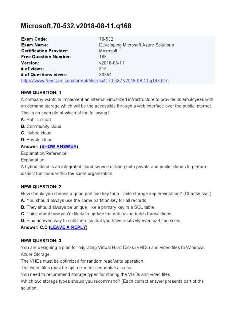 Microsoft.70-532.v2018-08-11.q168: Show Answer | PDF | Cloud Computing | Platform As A Service