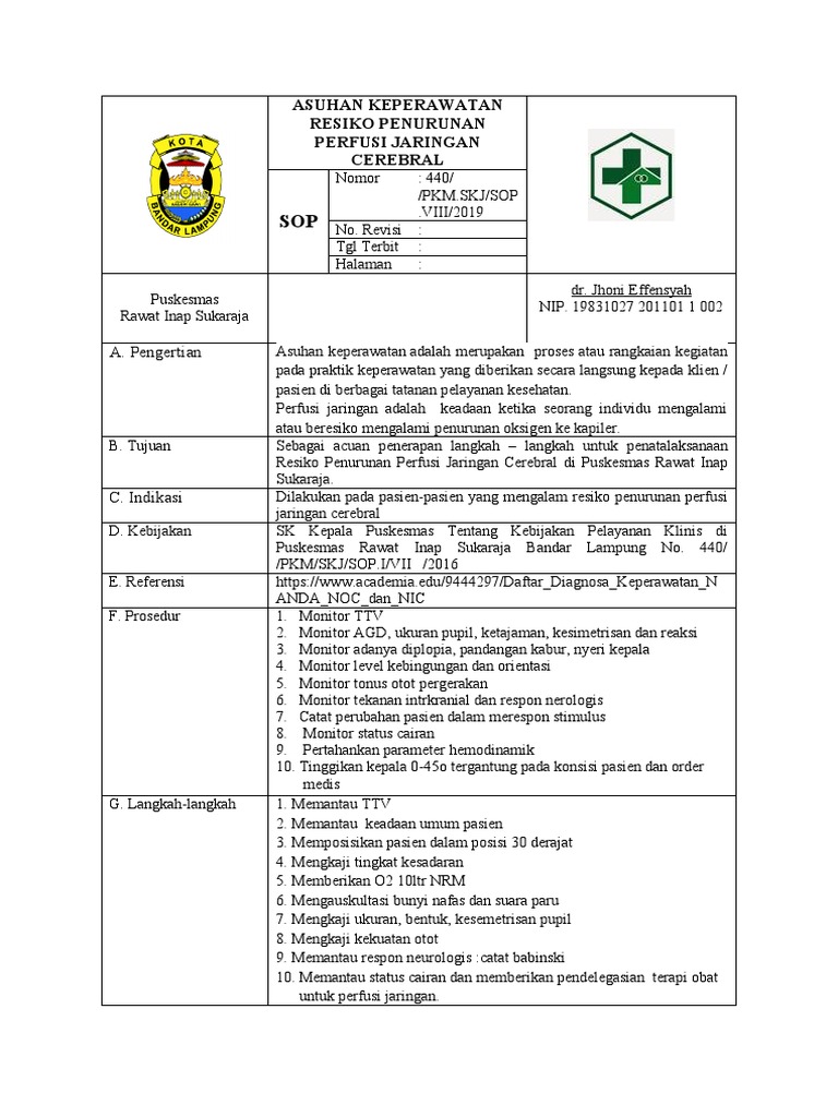 Sop Asuhan Keperawatan Resiko Penurunan Perfusi Jaringan Cerebral | PDF
