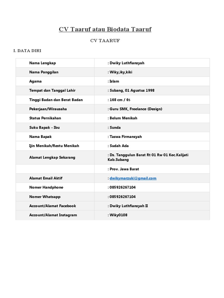 CV Taaruf Atau Biodata Taaruf Dwiky | PDF