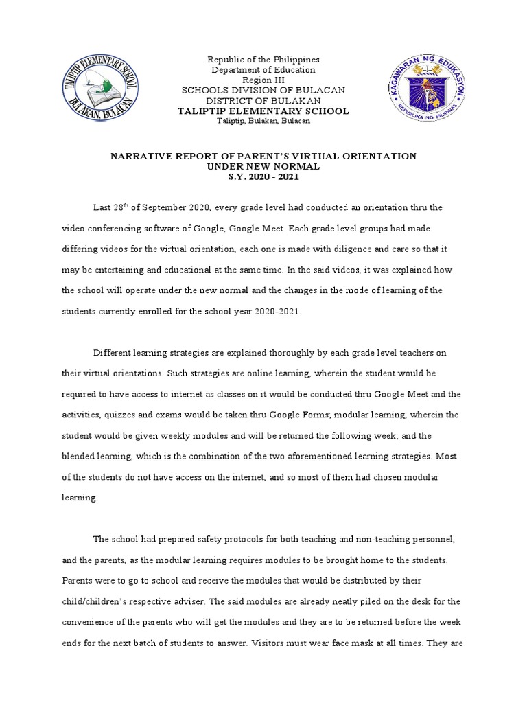 Narrative Report On Virtual Orientation | PDF | Learning