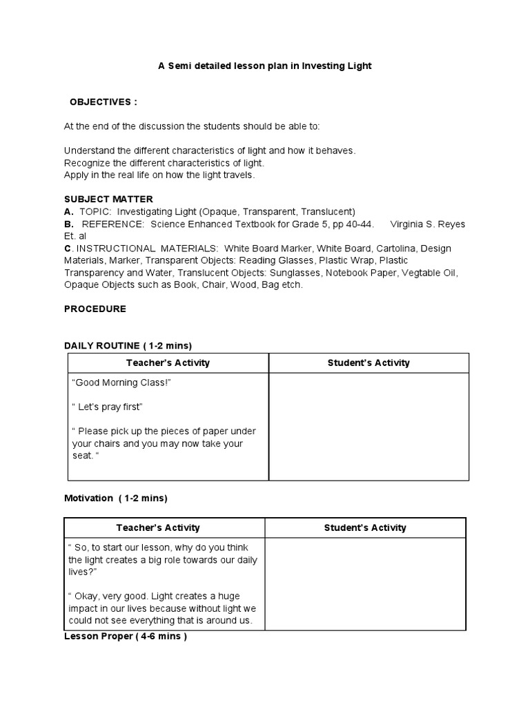 Semi Detailed Lesson Plan in Investing Light | PDF | Lesson Plan ...