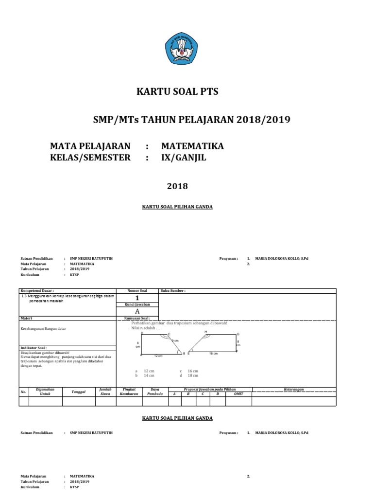 Kartu Soal PTS MTK KLS 9 | PDF