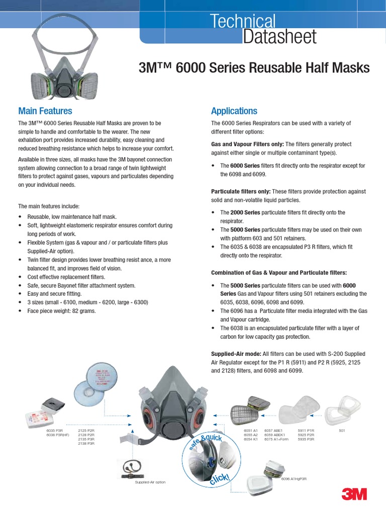 3m 6000 Series Reusable Half Mask Respirator Technical Datasheet | PDF ...