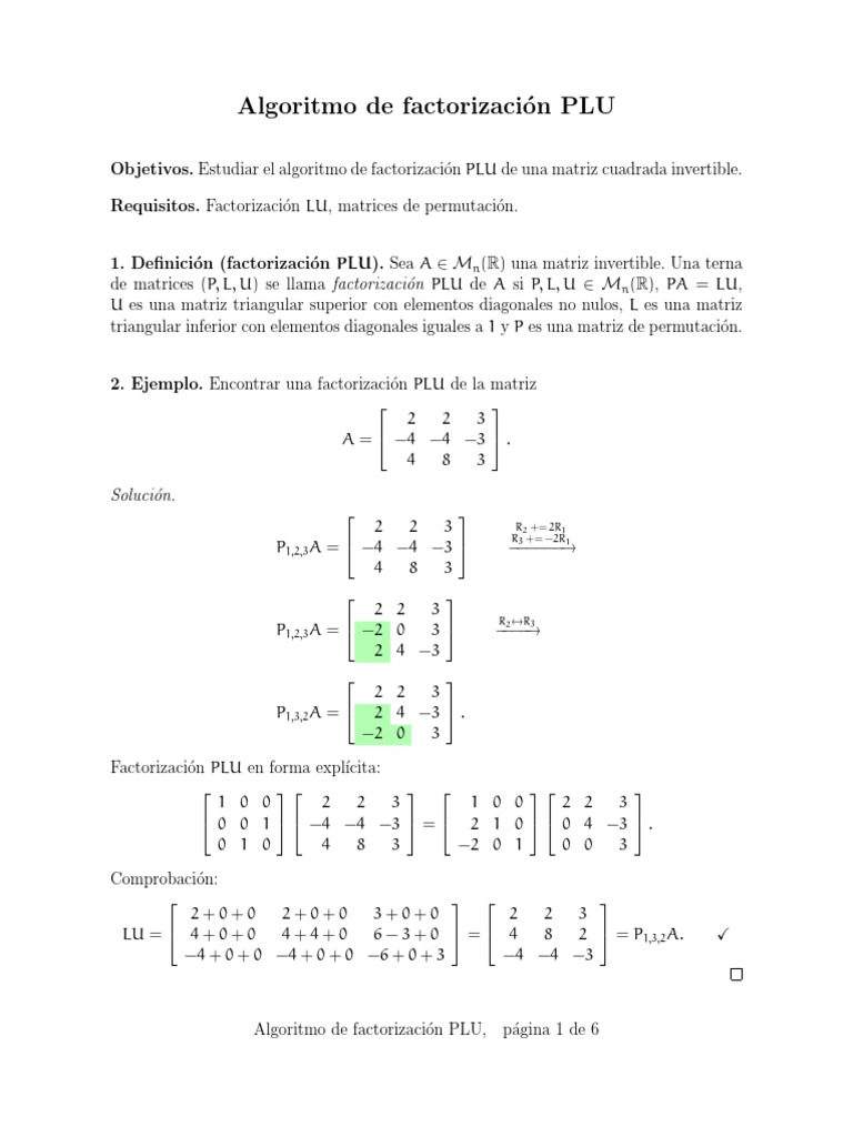 PLU Factorization Es | PDF | Análisis matemático | Conceptos matemáticos