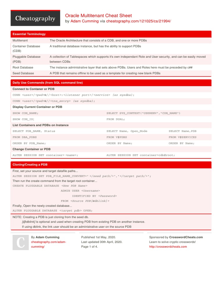 Oracle Multitenant Cheat Sheet: by Via | Download Free PDF | Databases ...