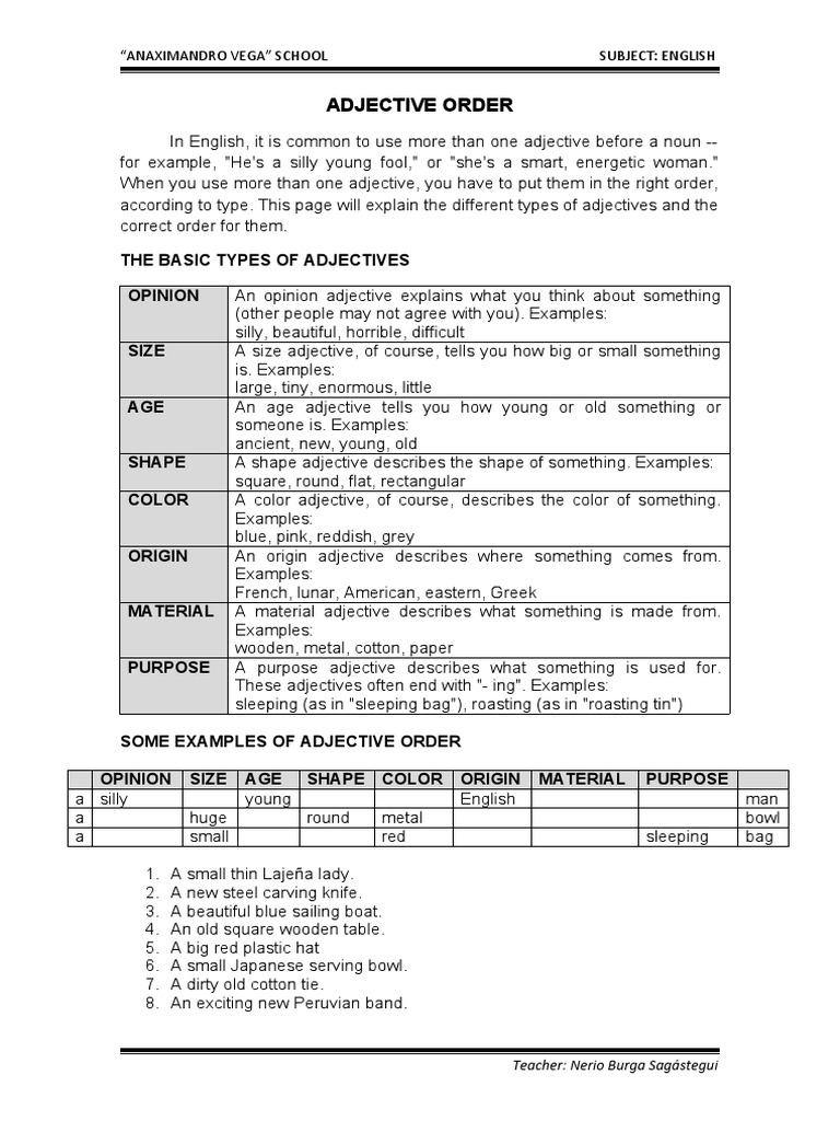 Adjective Order Trird Grade | PDF | Adjective | Linguistic Typology