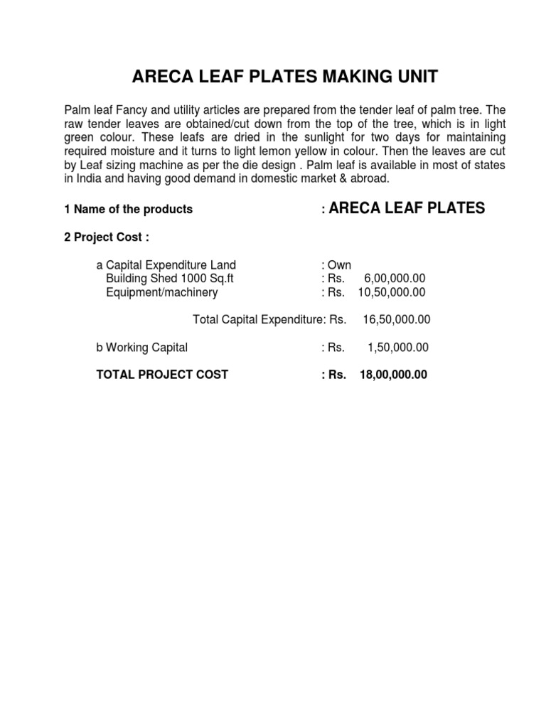 Project report-ARECA LEAF PLATES MAKING UNIT | PDF | Expense | Leaf
