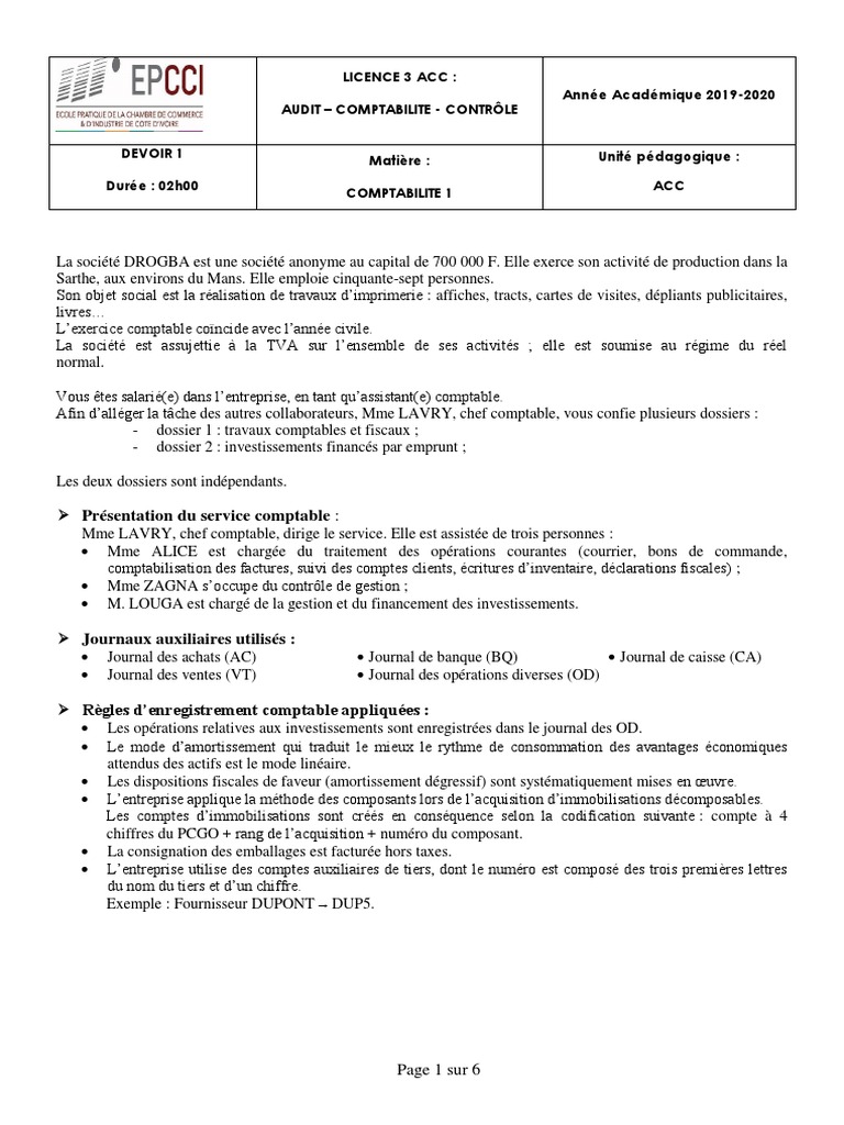 Devoir 1 Compta 1 L3 Acc 2020 | PDF | Dépréciation | Comptabilité
