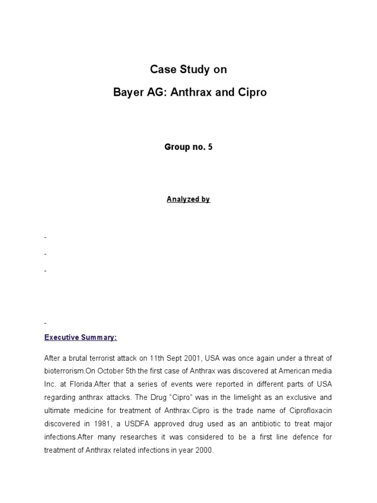 Case Study On Bayer AG: Anthrax and Cipro: Group No. 5 | PDF | Bayer
