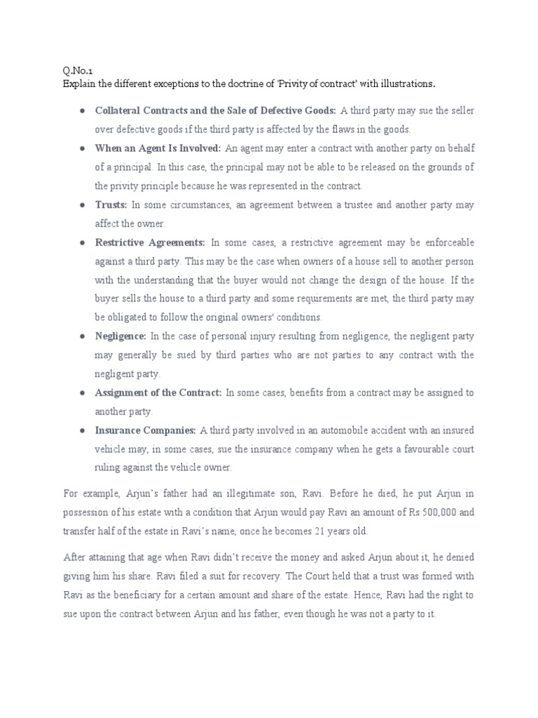 Q.No.1 Explain The Different Exceptions To The Doctrine of 'Privity of ...