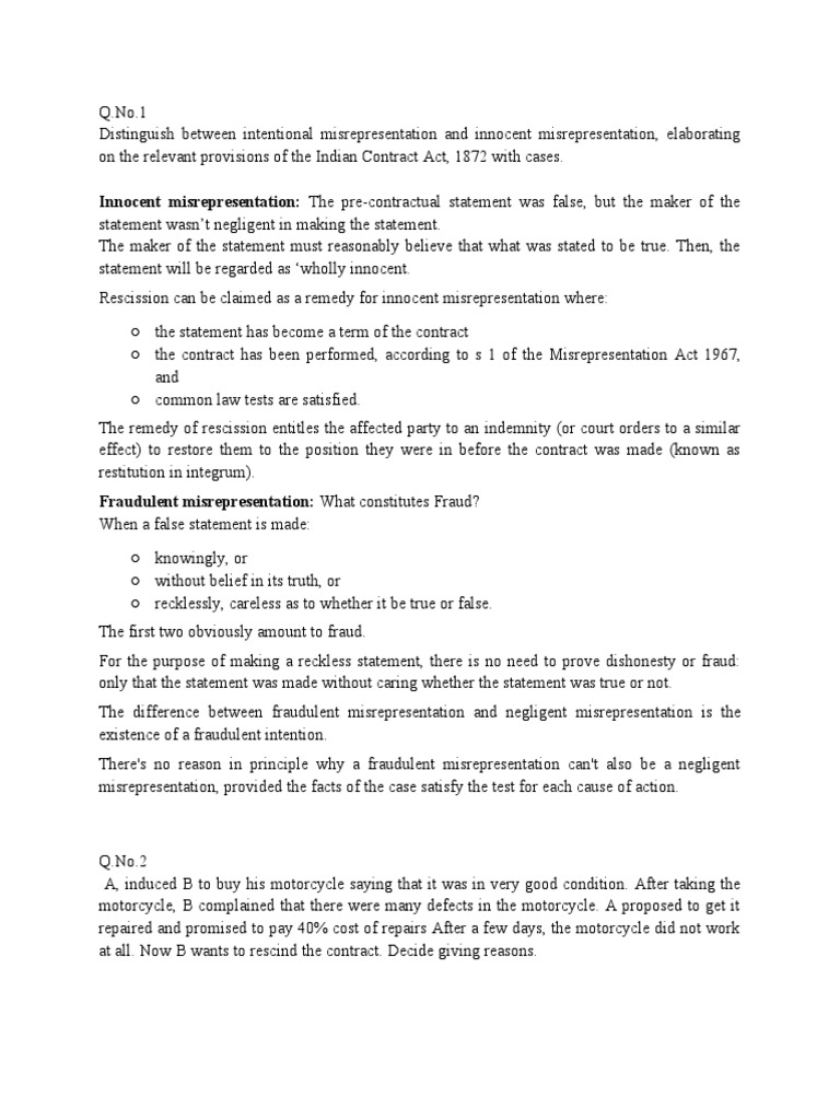 Innocent Misrepresentation: The Pre-Contractual Statement Was False ...