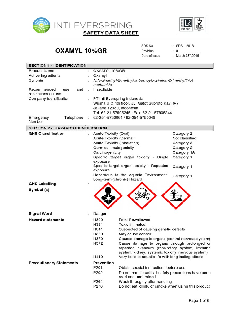 Oxamyl 10%Gr: Safety Data Sheet | PDF | Toxicity | Personal Protective ...