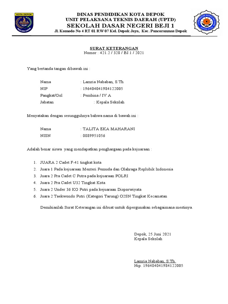 Surat Keterangan Prestasi | PDF