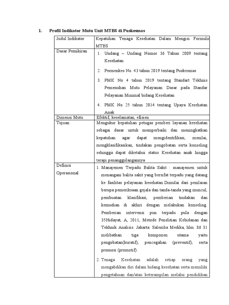 Profil Indikator Mutu Unit MTBS | PDF