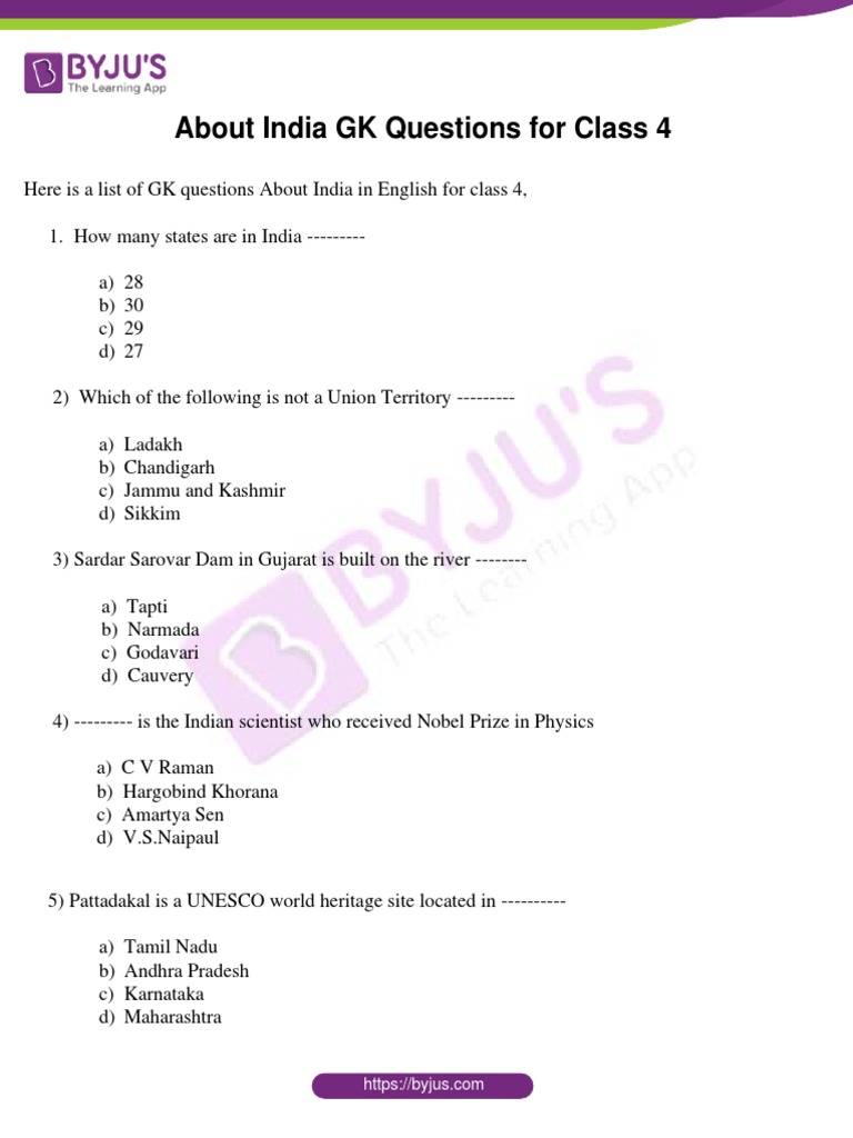 About India GK Questions For Class 4 | PDF