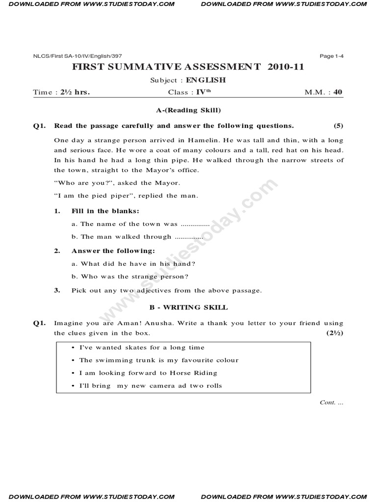 CBSE Class 4 English Revision Worksheet | PDF
