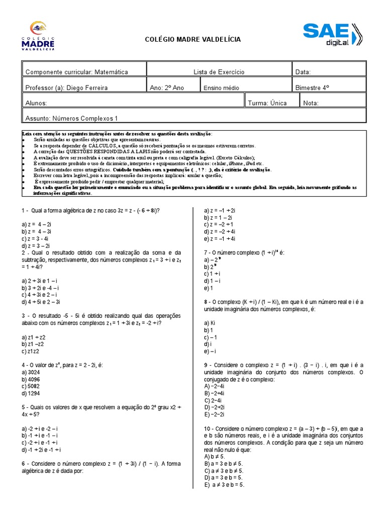 Lista de Exercícios - Números Complexos 1 | PDF | Número complexo | Números