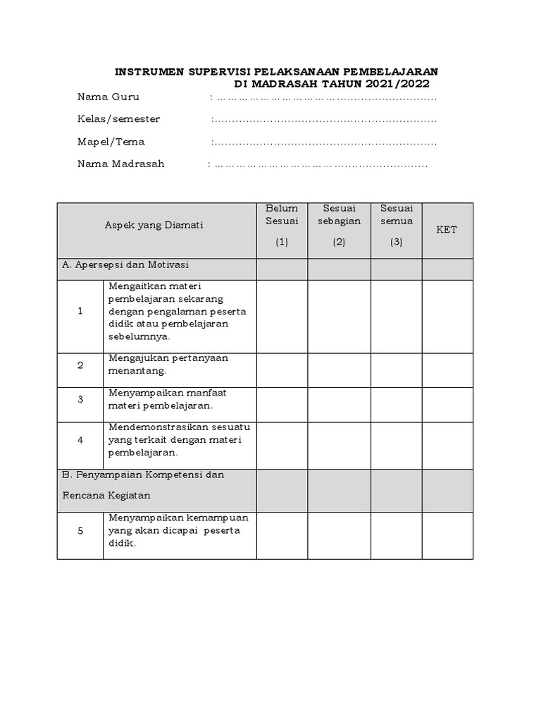 Lampiran Instrumen Supervisi Pembelajaran | PDF
